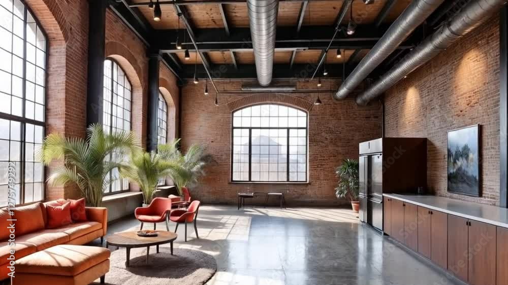 "This industrial loft blends raw brick walls, towering arched windows ...