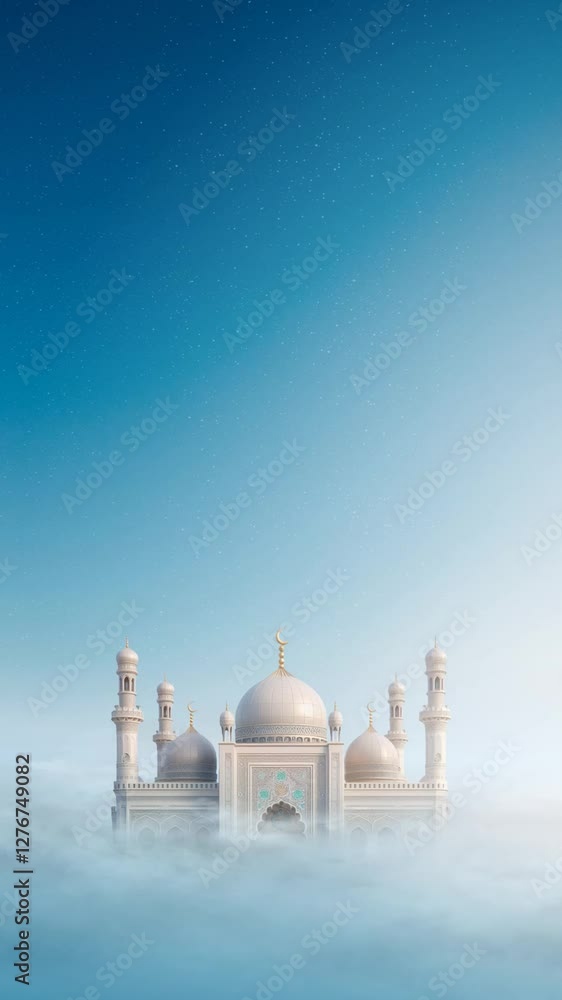 Mosque with clouds and clear blue sky vertical looping animation ...