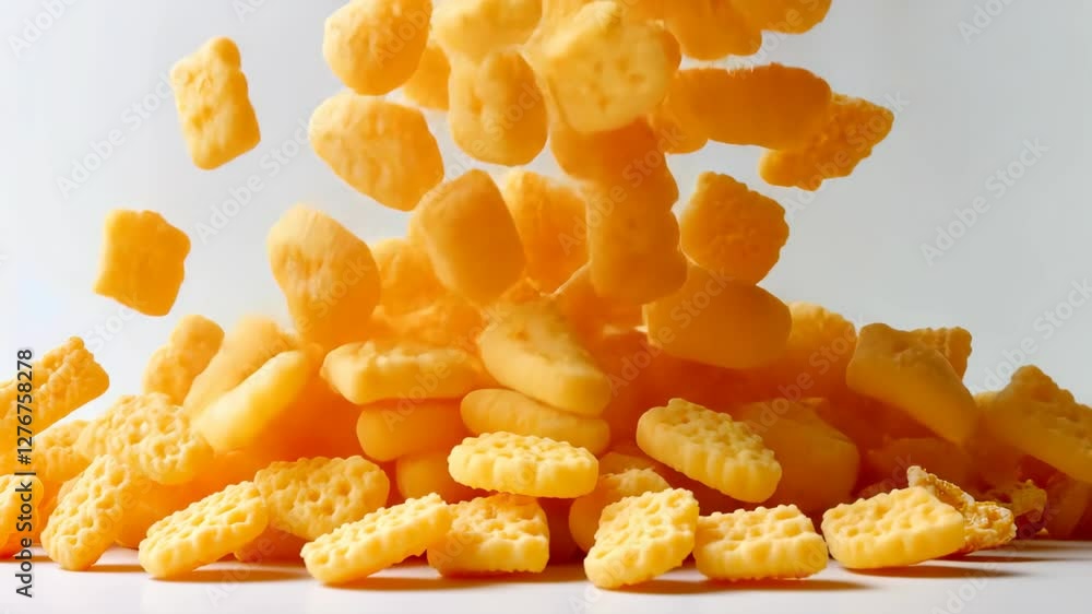 Cheesy crackers falling and piling up in a dynamic sequence of movement ...