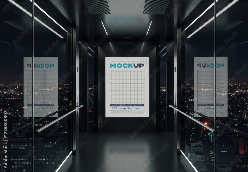 Vertical Backlight Poster Mockup inside Elegant Modern Glass Elevator ...