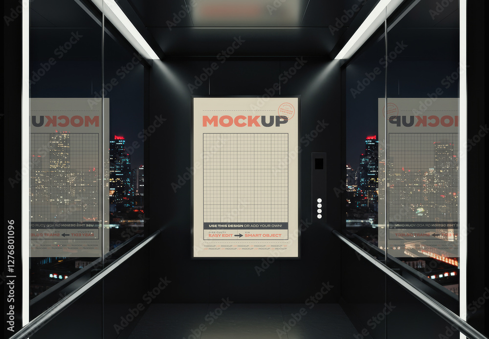 Vertical Backlight Poster Mockup inside Modern Glass Elevator with City ...
