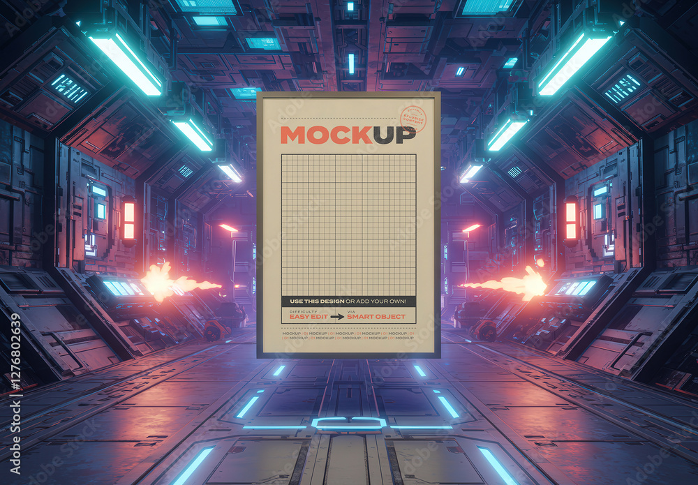Vertical Frame Poster Mockup inside Video Game Space Craft Scene Stock ...