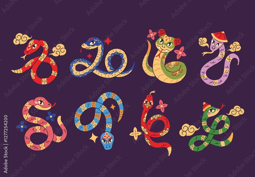 Colorful Traditional Chinese Snakes Lunar New Year Illustration Set ...