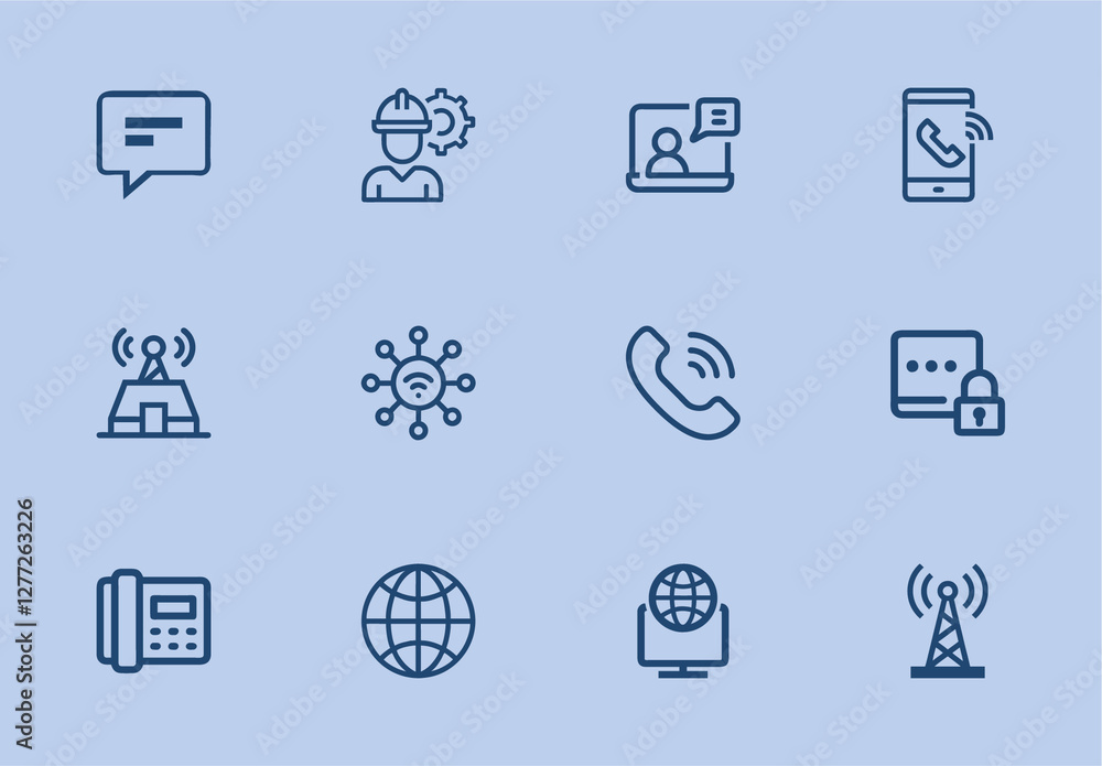 Blue Line Communication and Telecommunication Icons Set Stock Template ...