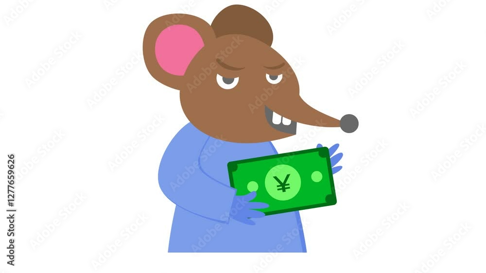 Mouse cartoon animation holding currency cash. Animal banker symbol ...