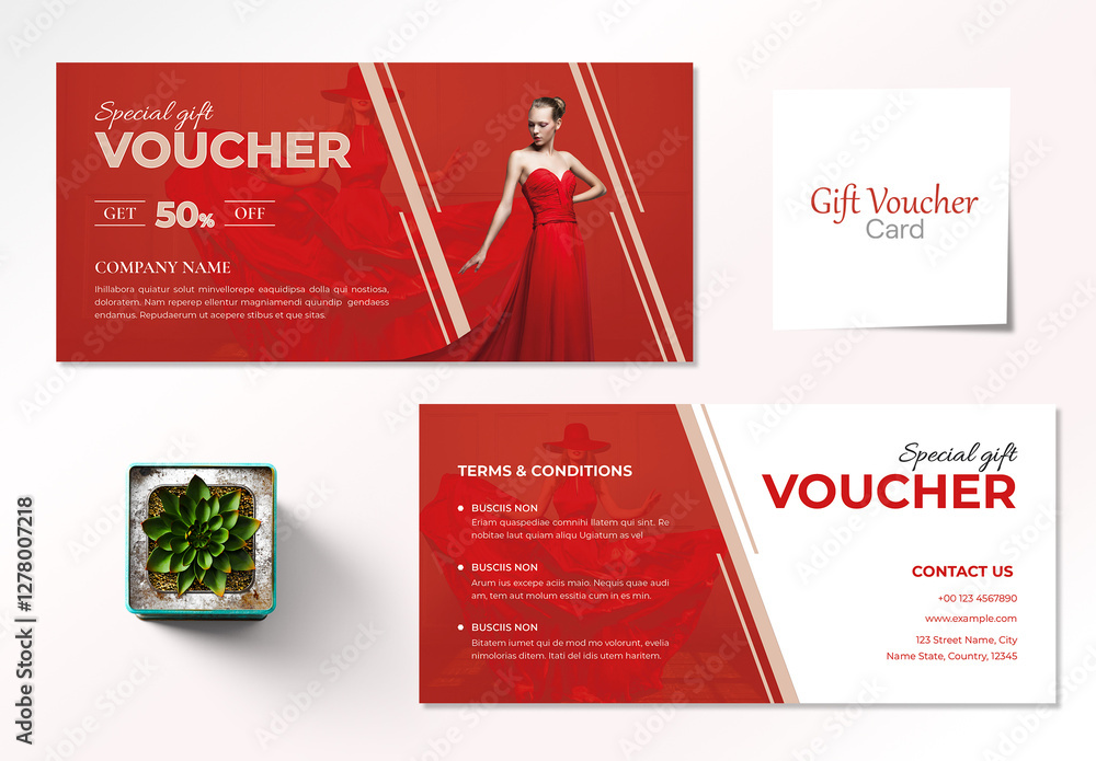 Fashion Special Gift Voucher Card Layout with Red Accents Stock ...