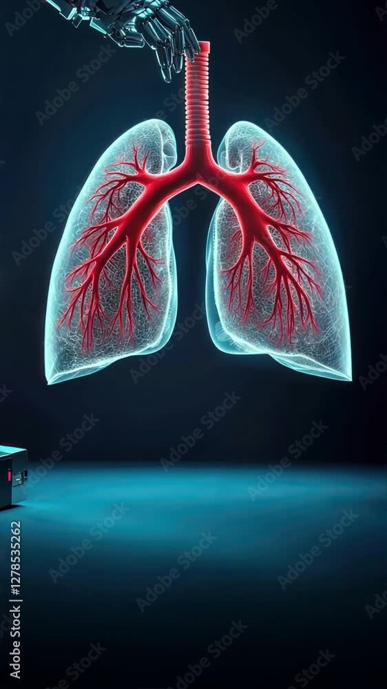 A robotic arm is performing an X ray on human lungs, representing AI ...