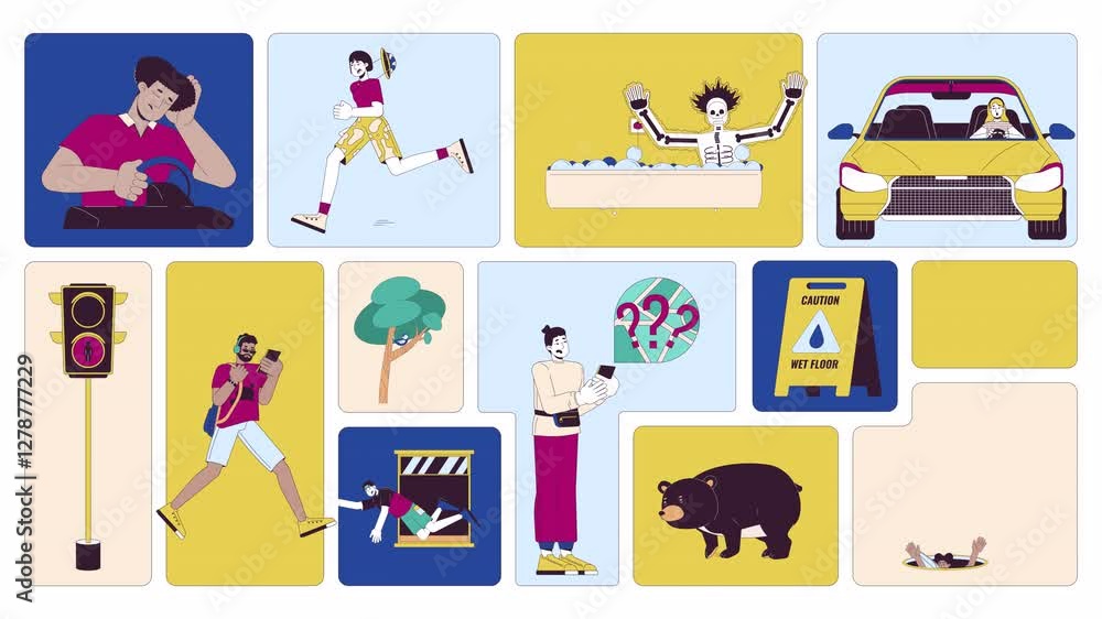 Safety hazards in daily life animated bento grid layout. Dangerous ...