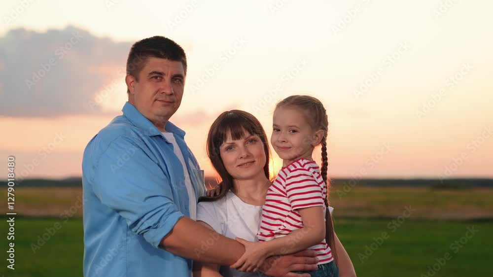 Family portrait in nature of smiling parents with child daughter ...