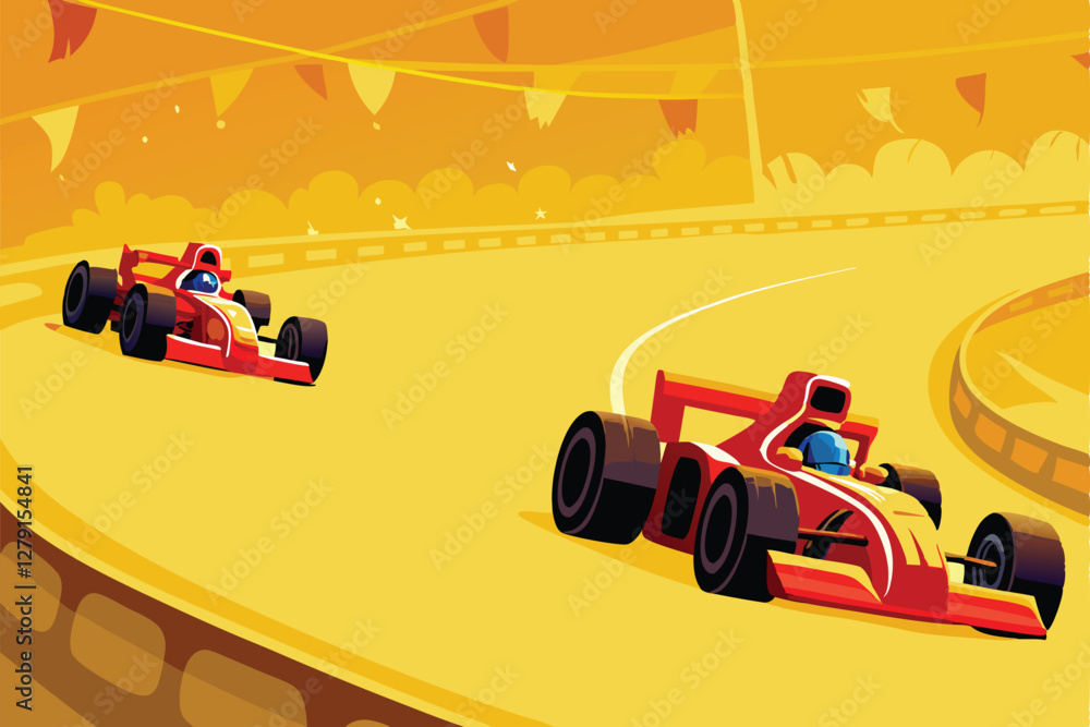 Poster Create a vibrant cartoon illustration of multiple race cars ...