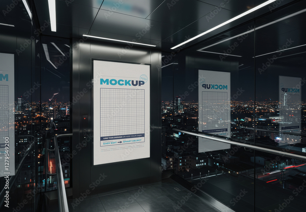 Vertical Poster Mockup Inside Glass Modern Elevator Night City Lights ...