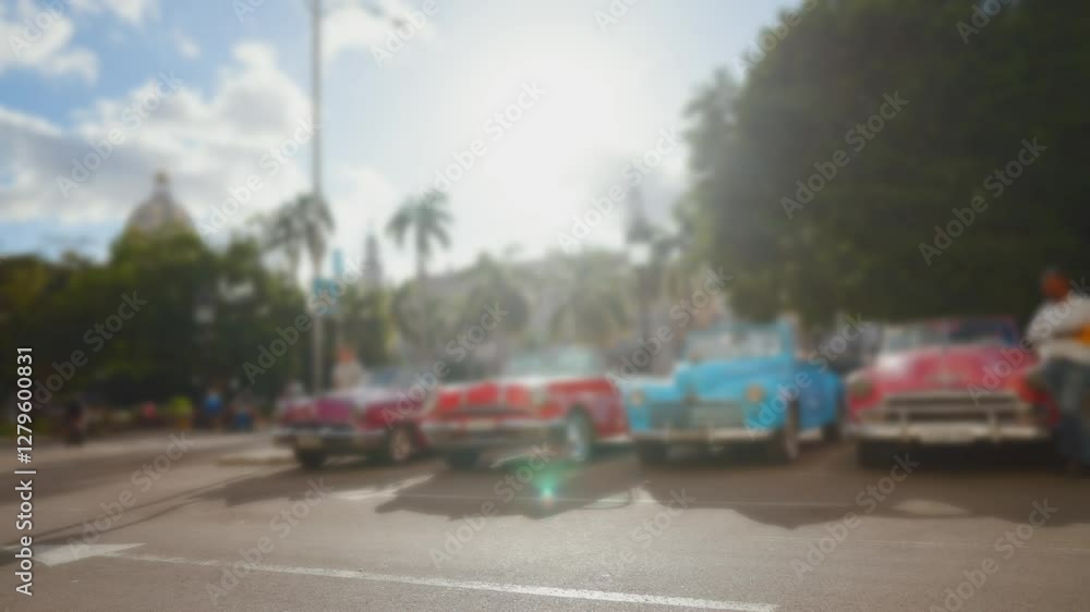 Exhibition of retro cars on city square, unfocused shot on street in ...