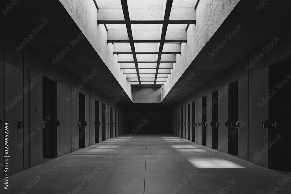 Poster A brutalist inspired prison, with endless rows of heavy doors ...