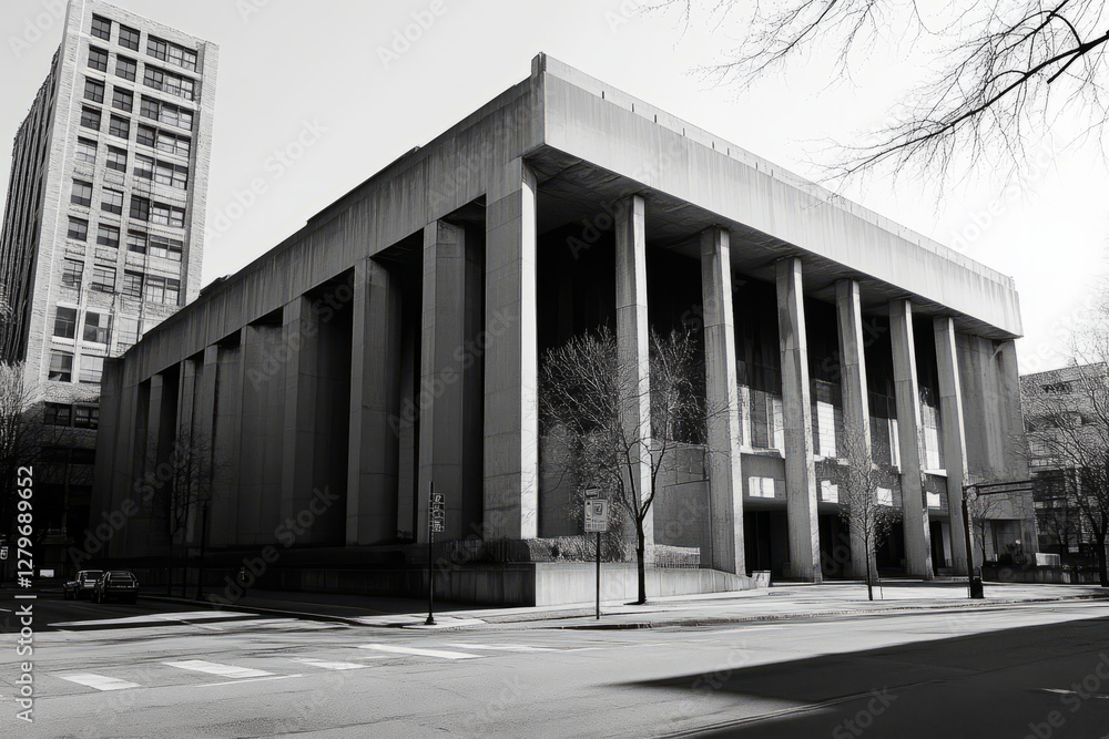 Plagát A brutalist government building with imposing columns, deep ...