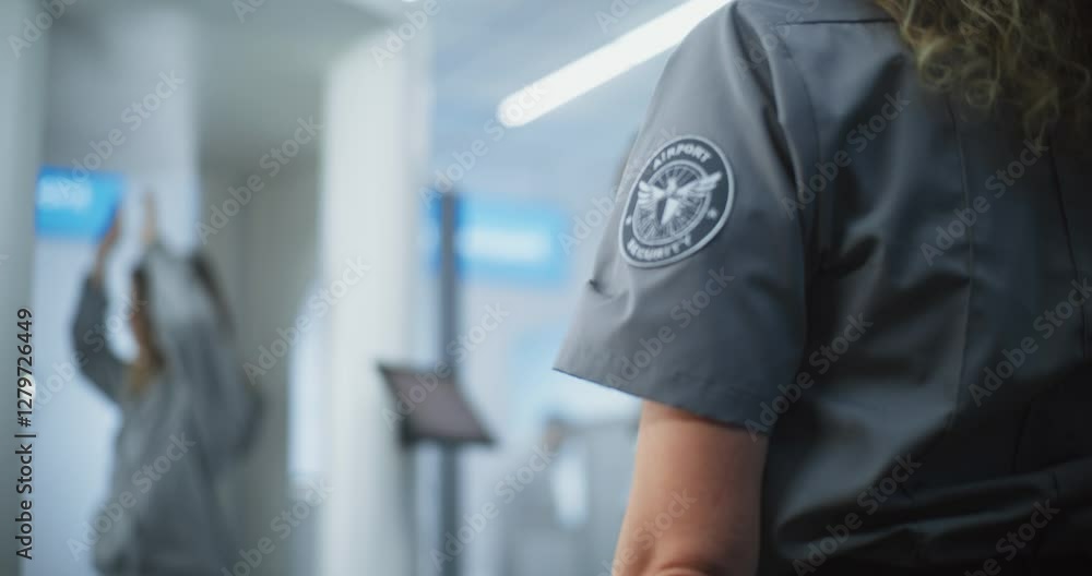 Airport Security Checkpoint: Female Security Officer Inspects Young ...