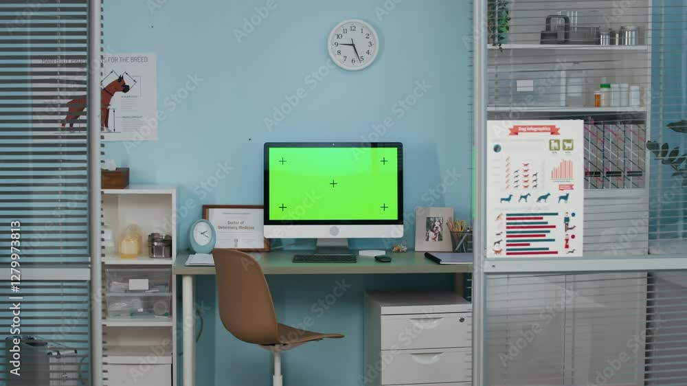 No people shot of modern vet clinic office with green screen computer ...