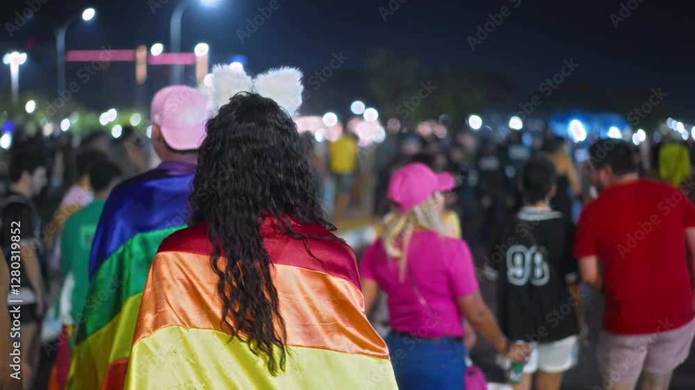 Gay have fun festival go city street. Happy people crowd hang out queer ...