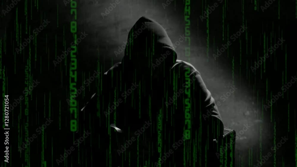 Anonymous computer hacker in a hood interview vintage VHS tape style ...