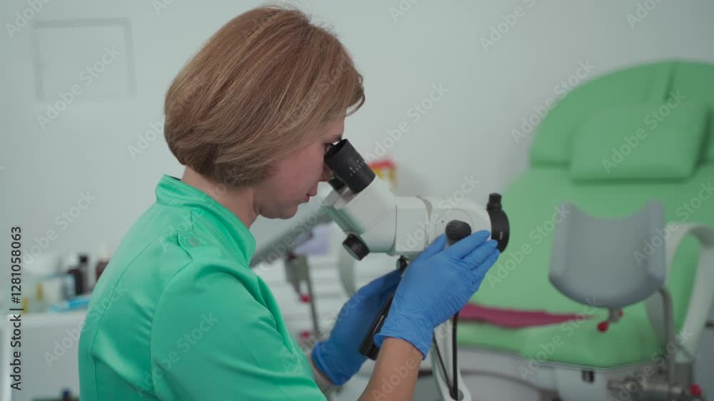 Gynecologist using colposcope, magnifying optical device designed for ...
