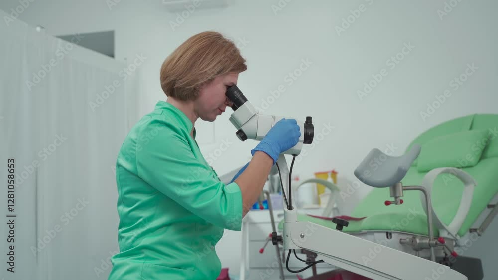 Gynecologist uses colposcope, optical device with magnification for ...