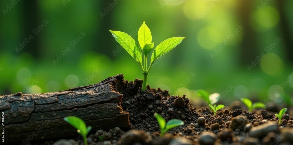 Poster New sapling sprouts from decaying log, vibrant green against ...