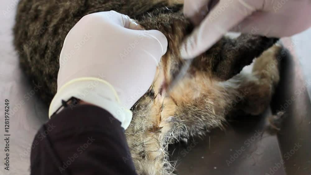Gato pardo anestesiado, siendo desinfectado y rasurado para ser ...
