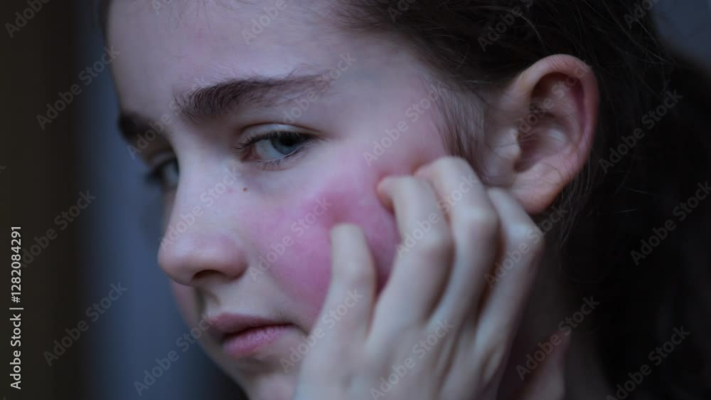 Girl Has Dry Red Skin and Scratching Her Face. Child Scratches Atopic ...