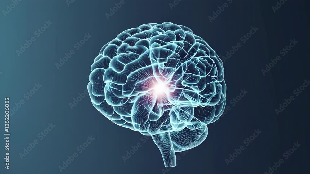 Neural network wireframe brain rotating slowly, revealing pulsating ...