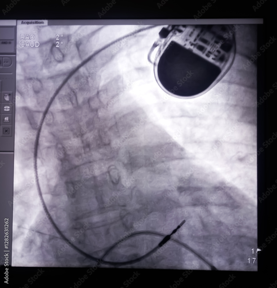 Poster X ray image showed dual chamber permanent pacemaker (PPM) leads ...