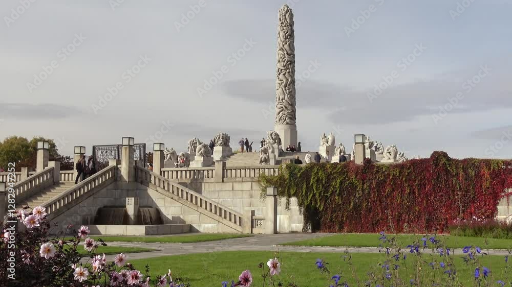 Obelisk statue tourist attractions at Vigeland sculpture park in Oslo ...