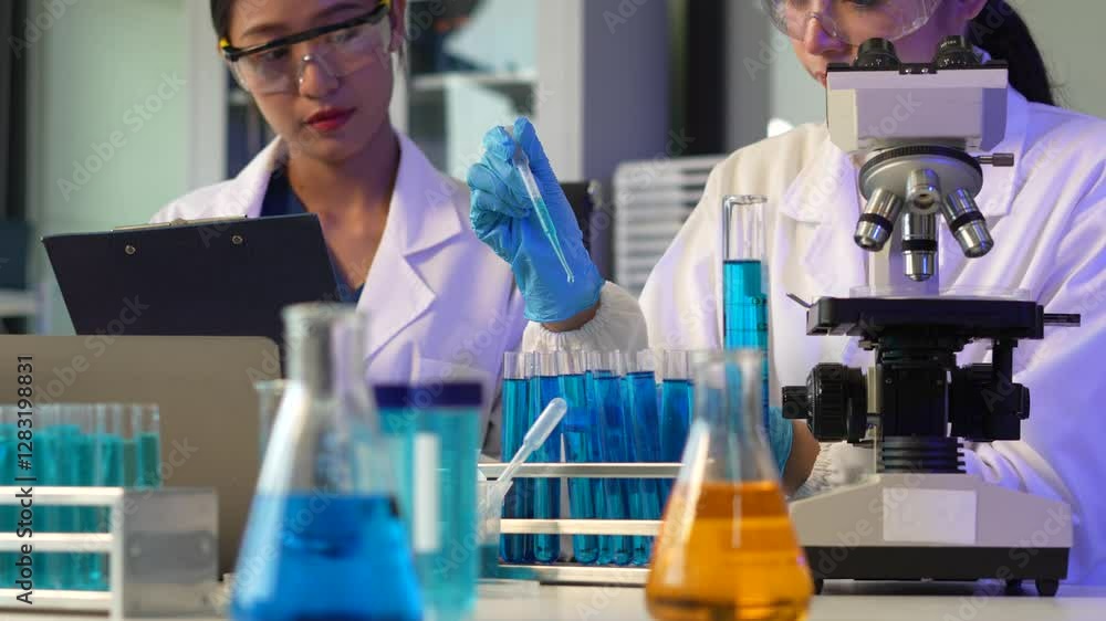 Scientists conducting research in a biotechnology lab, using pipettes ...