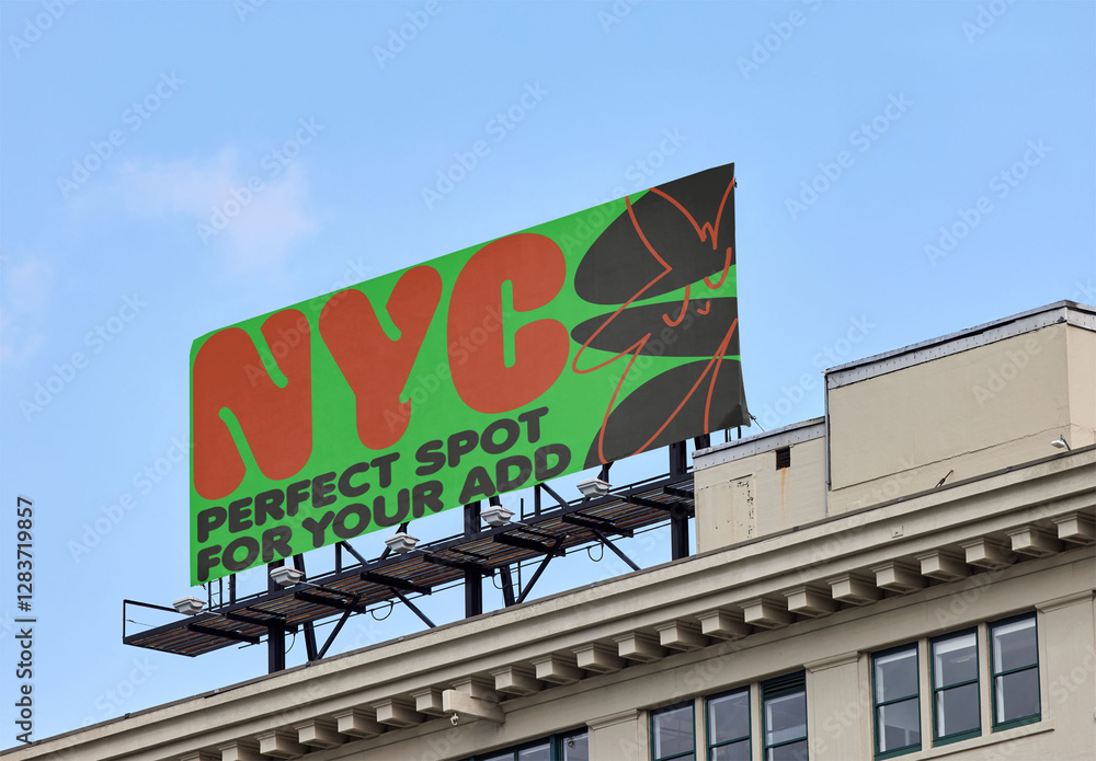 Billboard bulletin on an iconic rooftop of a New York building on a ...