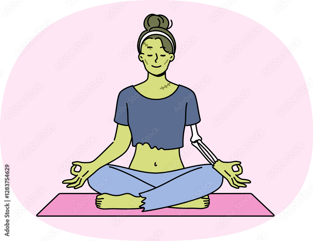 Poster Green witch meditating in lotus position doing yoga on halloween ...