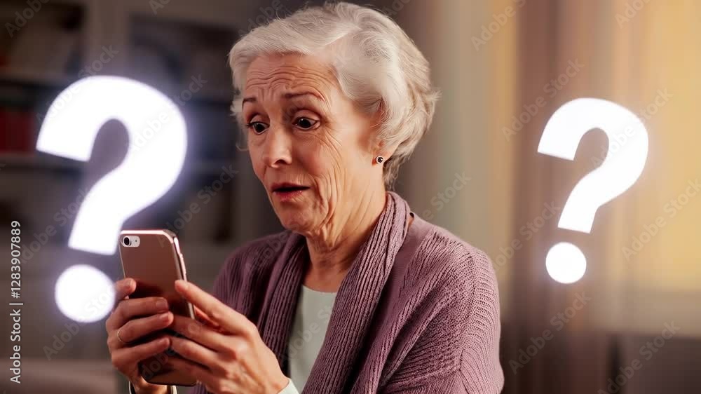 Older woman intently examines a smartphone while appearing confused ...