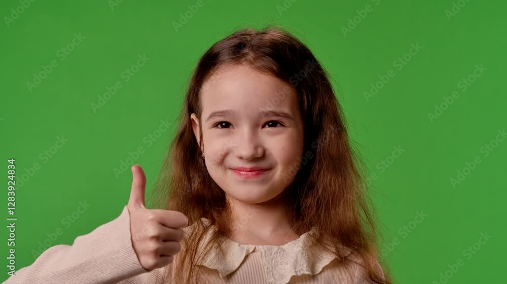 Little girl child looks at camera and shows thumb up hand sign, positive expression, isolated on ...