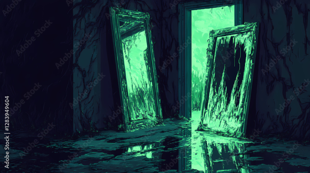 Cursed reflections in alternate realities, pixel art showcasing eerie ...
