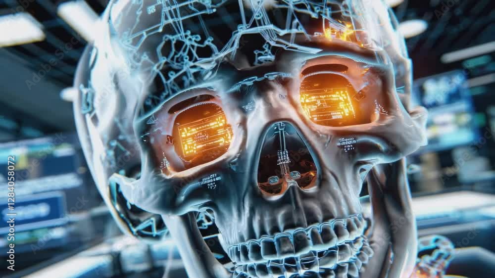 Neural network patterns illuminate biotech skull model. Laboratory ...