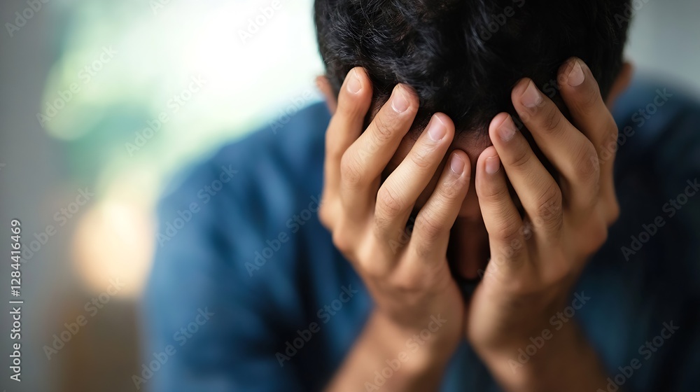 Photo & Art Print A man with his hands on his face showing distress and ...
