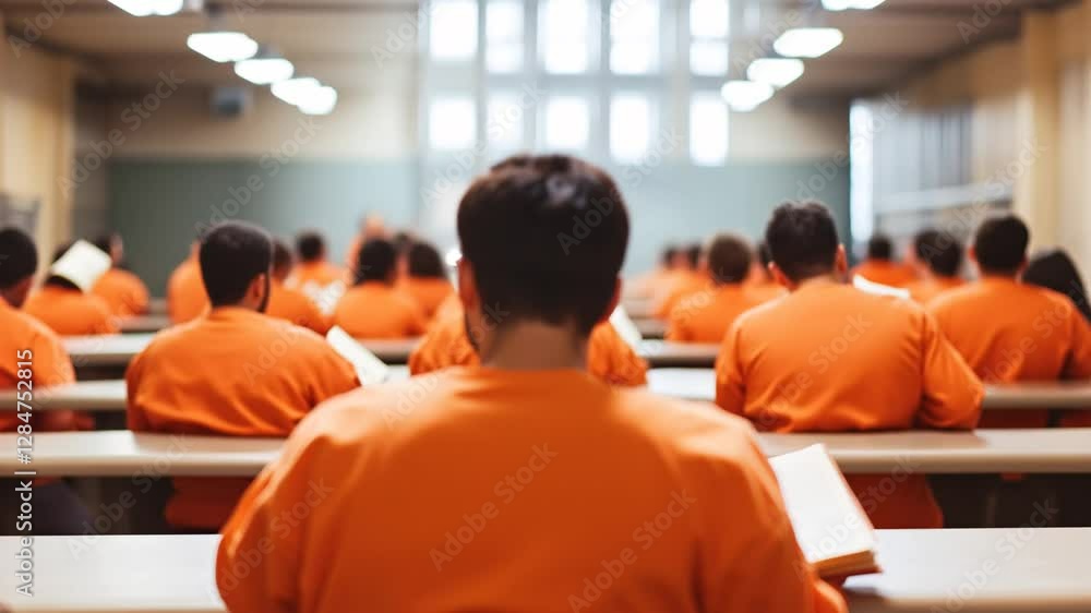 Inmates in orange uniforms studying during educational program ...