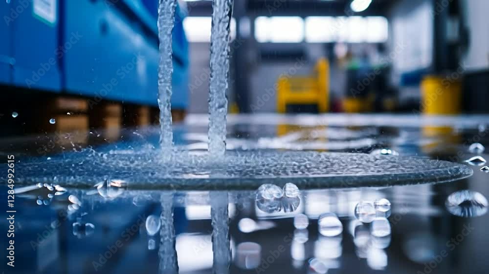 Water spill on factory floor, industrial leak, dripping, blurred ...