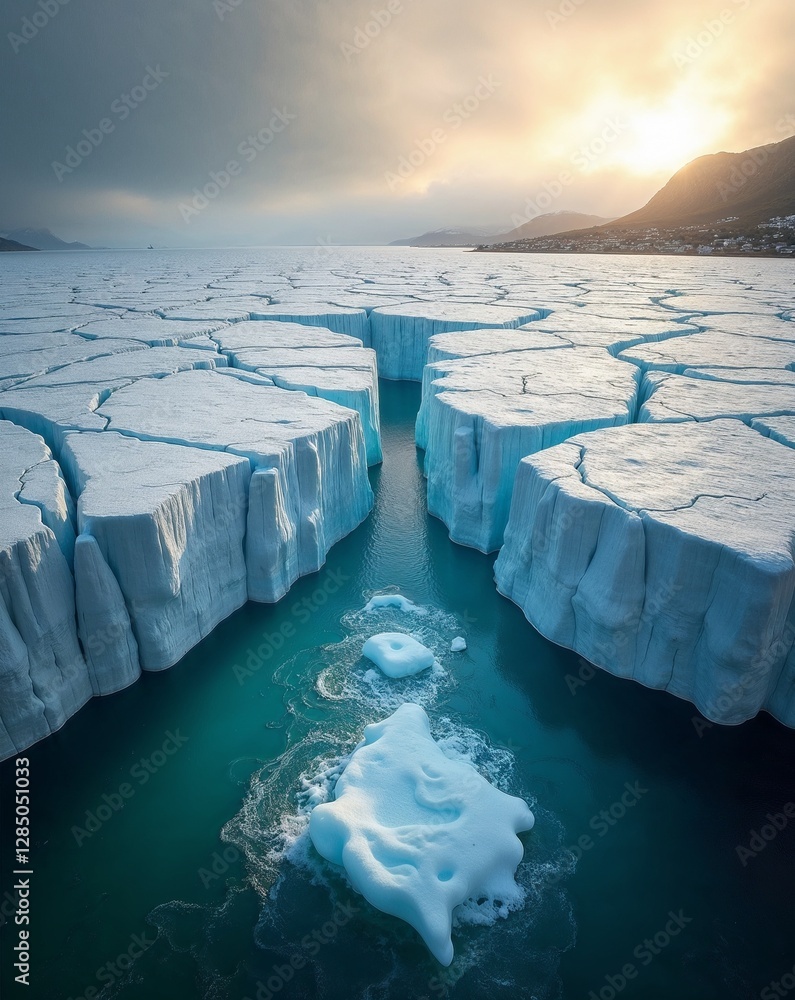 A massive glacier with large cracks and melting ice, revealing the dark ...