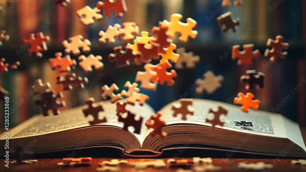 A captivating scene of an open book with floating puzzle pieces above ...