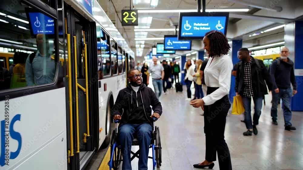 Businesswoman is assisting a disabled man in a wheelchair to board a ...