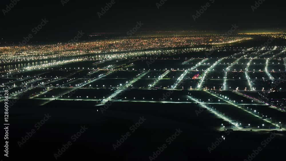 Night aerial view of Prayagraj, India during Maha Kumbh. Kumbh Mela is ...