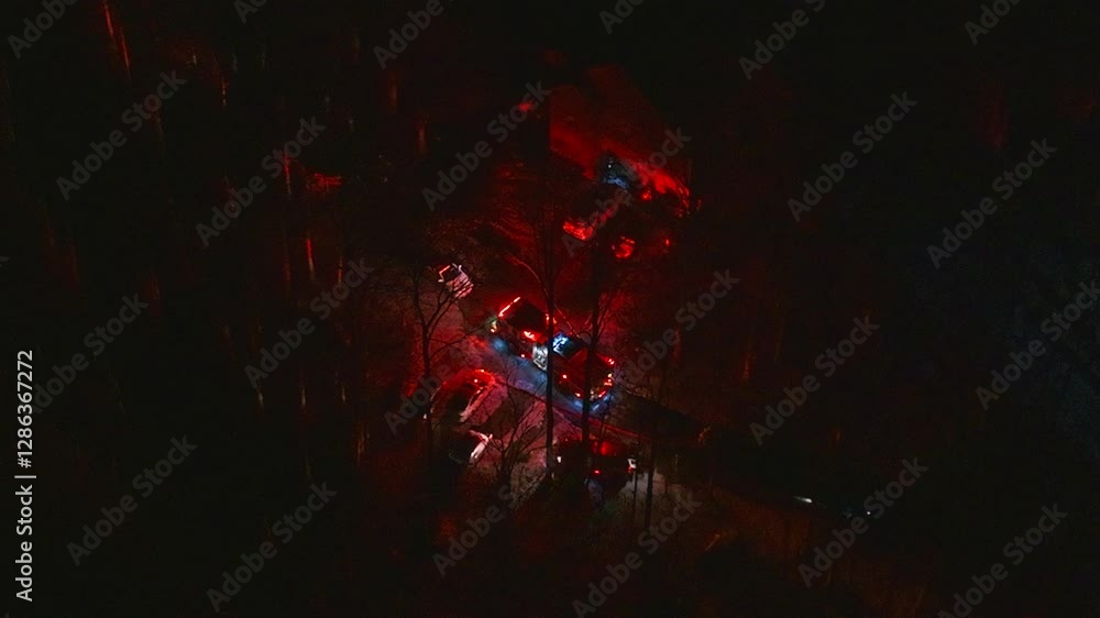 Overhead scene from a drone of firefighters and fire vehicles ...