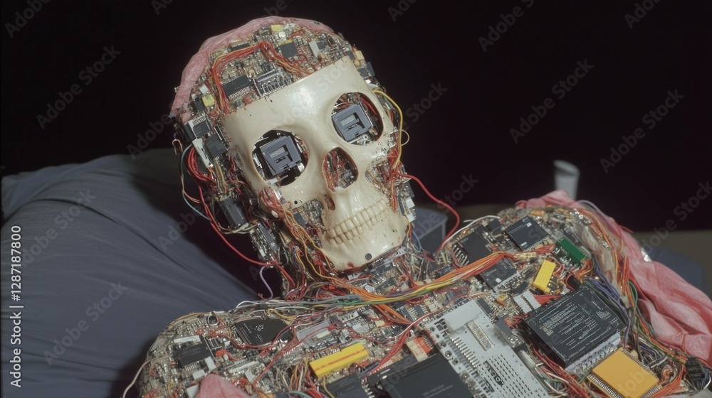 Poster Cybernetic skeleton with wires and circuits, showcasing a fusion ...