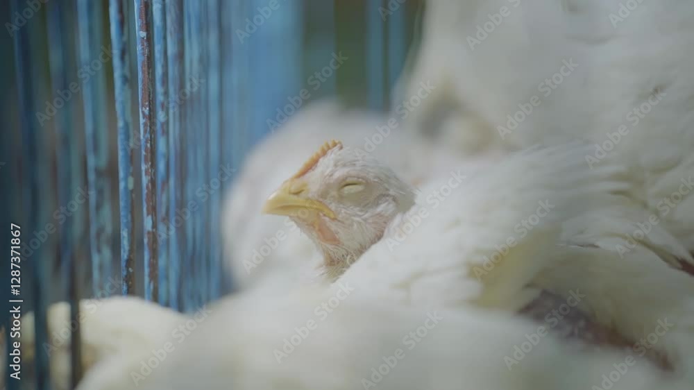 White chickens in cage, Poultry farm close-up, Chickens behind bars ...