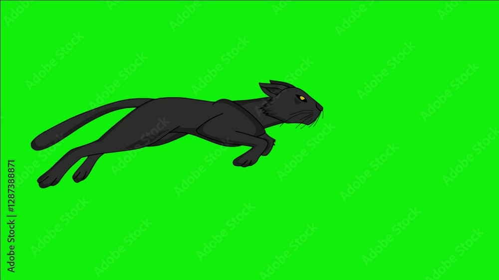 2D animation of a black cat running across a bright green screen ...