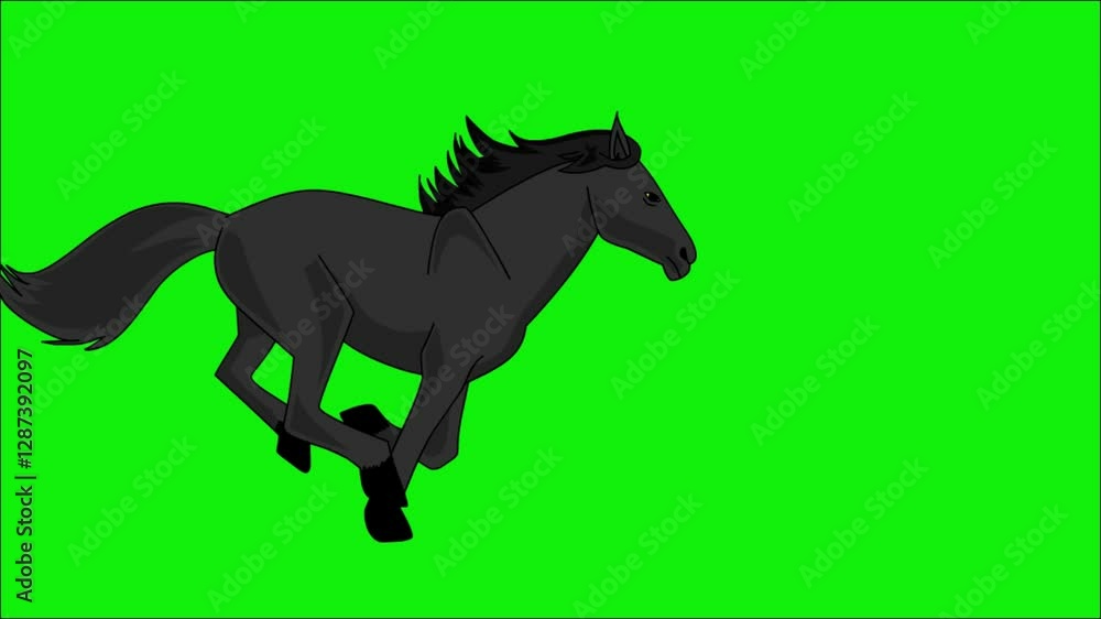 2D animation of a black horse galloping across a bright green screen ...