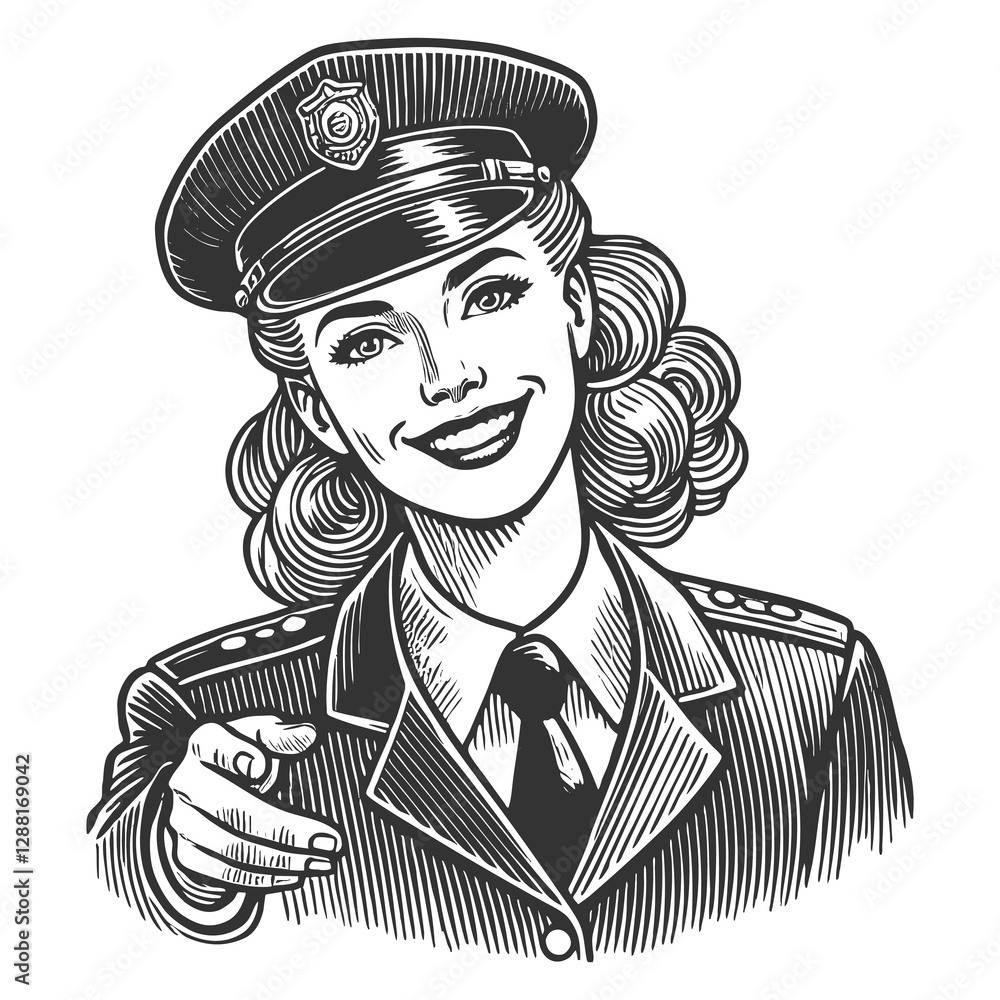 cheerful female police officer in a classic uniform, featuring curled ...